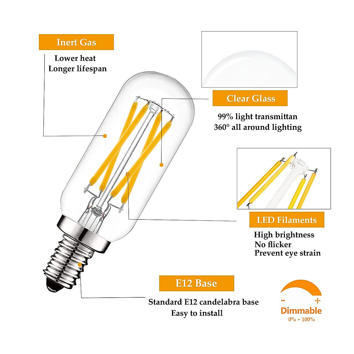 Greeogin Dimmable T6 E12 LED Edison Bulbs,4W Equal 40W Candelabra Incandescent Bulbs, Clear Vintage T25 Tube Light Bulbs for Ceiling Fan, Pendant, Wall scones 12Pack