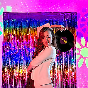 Sparkling Neon Rainbow Foil Fringe Curtain Backdrop Metallic Streamers Photo Booth Props for Birthday Bachelorette Gay Pride Day Graduation Wedding 80s 90s Disco Party Decorations- 2 Packs (3.3x6.6Ft)