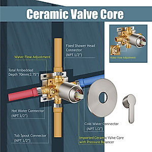 Aolemi Brushed Nickel Tub Shower Faucet Set With Valve Wall Mount Shower Trim Kit 6 Inch Bathtub Fixtures With Pressure Balance Rough-in Valve Single-Spray Shower Head System and 5.3 Inch Tub Spout
