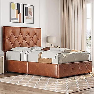 Topeakmart Full Faux Leather Platform Bed Frame with Tufted Adjustable Headboard and 4 Drawers, Upholstered Mattress Foundation, Strong Wooden Slats Support, No Box Spring Needed, Amber Brown
