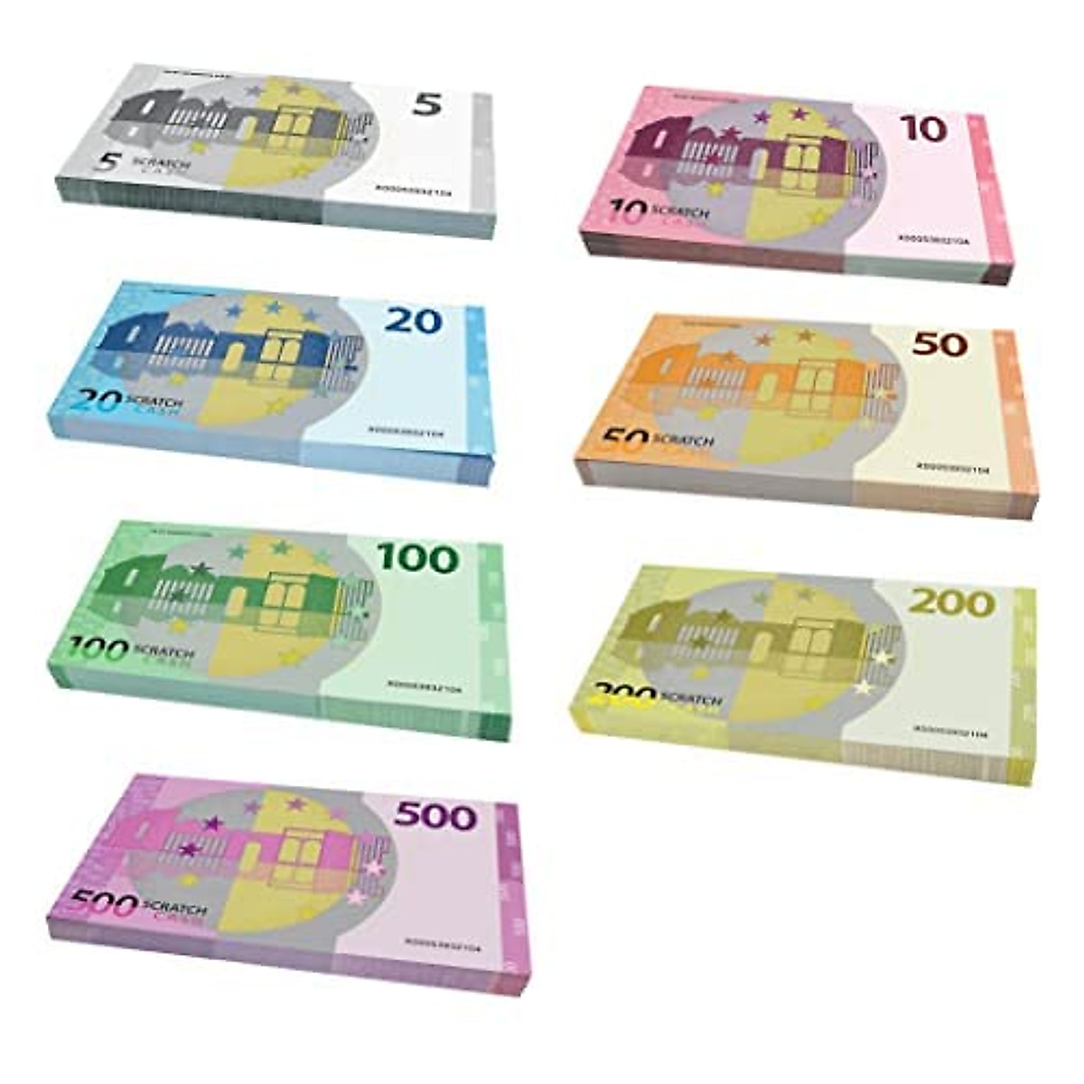 Scratch Cash Bundle Money to Play (Size Reduced to 75% Compared to The Real Ones) 175 Banknotes - 7 Stacks of Euro 25 x € 5, 10, 20, 50, 100, 200 and 500