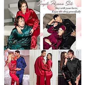 SWOMOG Couple Silk Satin Pajamas Set 2Pcs Matching Famliy Sleepwear Button Down Loungewear Men & Women Pjs with Pants Red