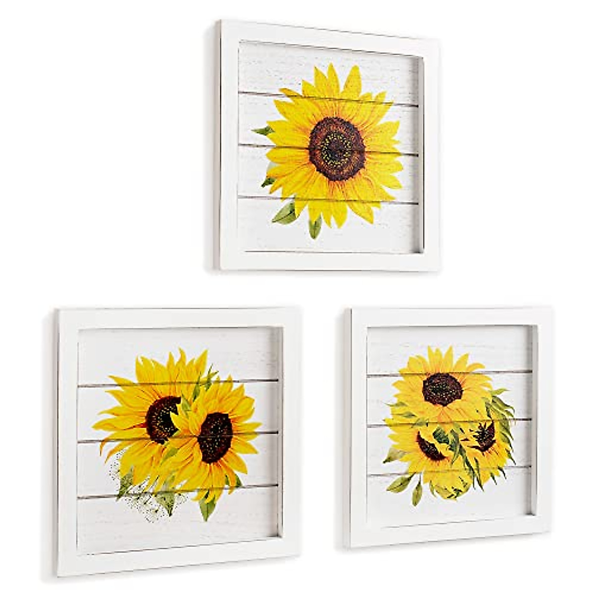 Sunflower Wall Decor Set of 3 - Rustic 8x8 Inch Printed Panels for Home, Bathroom, Kitchen, or Office - Sunflower Gifts for Women Wood Flower Pictures Design Theme Clearance Decorations Sun Flowers to Brighten Up Any Space