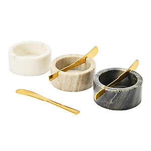 Creative Co-Op Marble Set Pinch Pot Bowls for Salt, Pepper, and Seasoning with 3 Metal Knives