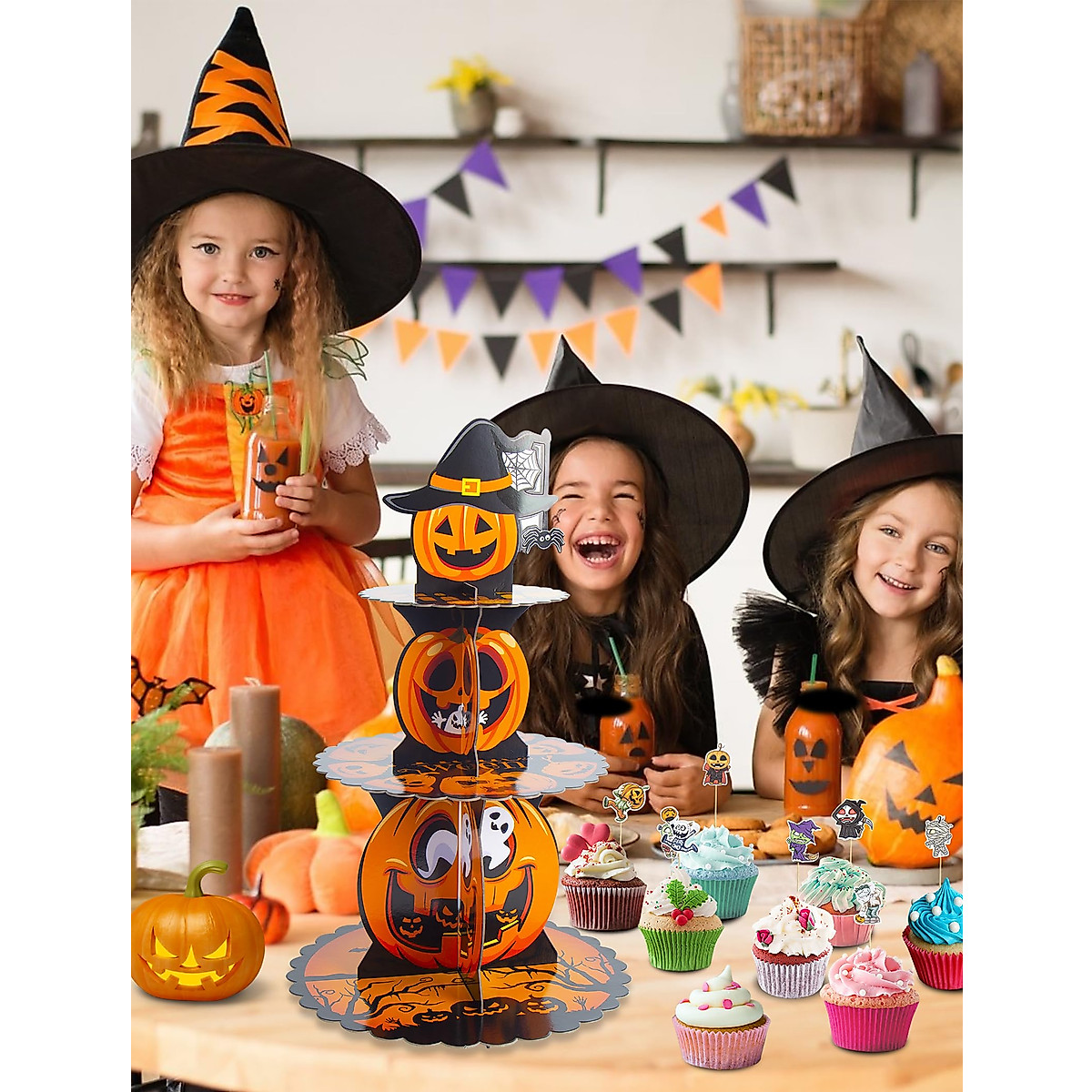 JROYJOY 3 Tier Halloween Cupcake Stand, Cupcake Tower with 16 Pcs Pumpkin Cupcake Toppers, Cake Stand for Dessert Table, Cupcake Display Stand for 24 Cupcakes Party Supplies Halloween Decorations