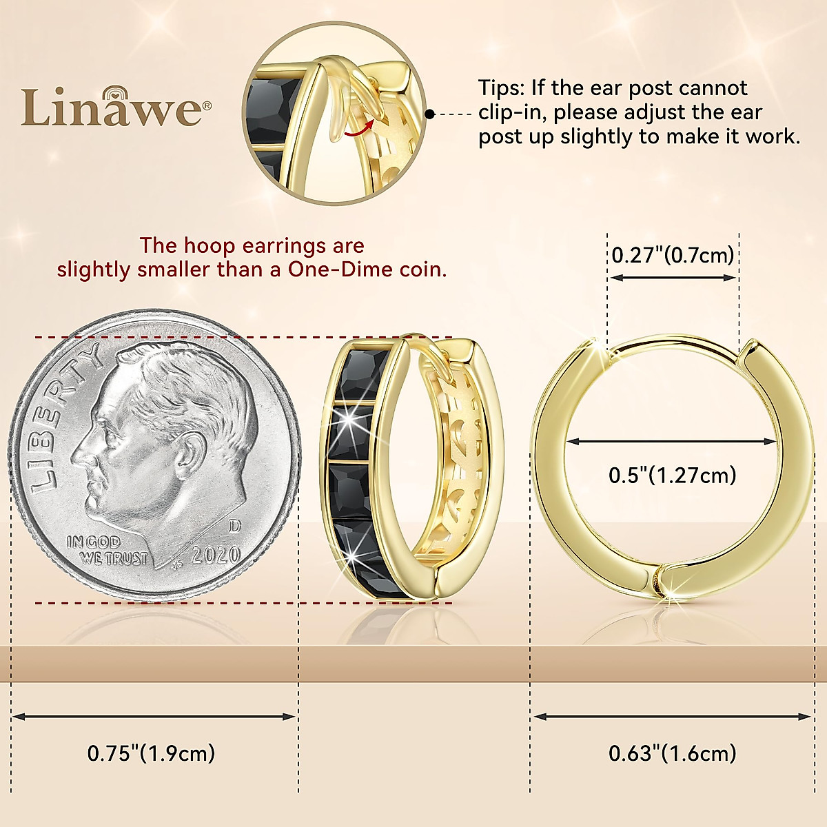 Linawe Gold Hoop, Black Stud Earrings for Women Trendy, Helix Earrings, Moissanite Cubic Zirconia Rhinestone Diamond Huggie Earrings, Piercing Jewelry, Small Mini Tiny Chunky Hoop