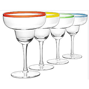 12 oz Margarita Cocktail Glasses + Colorful Party Rims | Set of 4 | Heavy Duty, Thick, Hand Blown, Classic Frozen Drinks Stemware + Fun Mexican Gift Box, Great Gifts! Fiesta Party Decoration Glasses