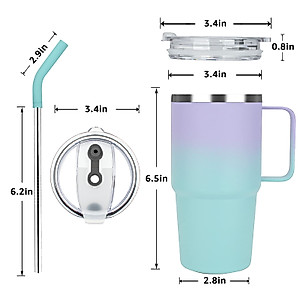 Sursip 24 oz Insulated Cup with Handle, Double Wall Vacuum Stainless Steel Tumbler with Straw and 2 Lids, For Cold/Hot Drinks, Coffee Travel Mug for Car/Home/Office/Party/Camping (Purple＆Green-1 Pack)