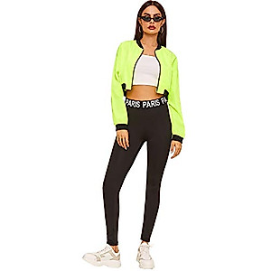 Floerns Women's Long Sleeve Lightweight Crop Bomber Jacket B Neon Green L