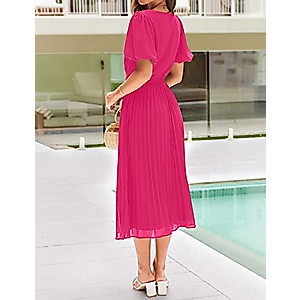 MEROKEETY Summer Dress for Women 2023 Wrap V Neck Bubble Sleeve Pleated Party Midi Dresses,HotPink,S