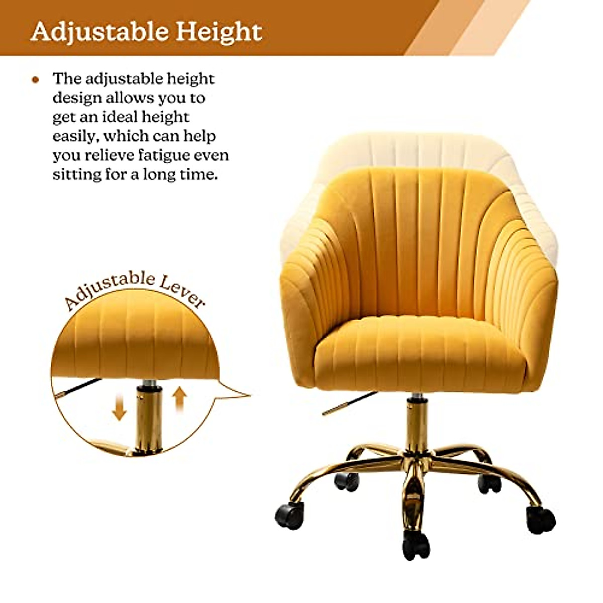 HULALA HOME Velvet Home Office Desk Chair, Modern Cute Computer Task Chair, Wheels Swivel Height Adjustable Upholstered Vanity Chair for Women, Girls (Gold Base, Mustard)