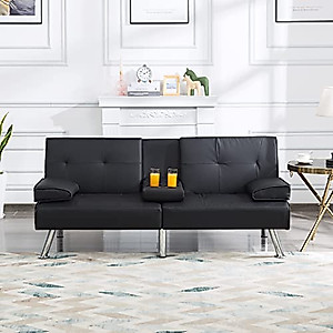 Modern Faux Leather Futon Sofa Loveseat Convertible Sleeper Couch Bed Daybed, Folding Recliner with 2 Cup Holders,Removable Soft Pillow-Top Armrest,3 Angles for Living Room Furniture Sets