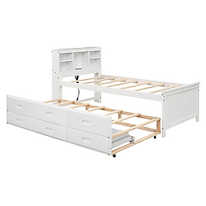 Twin Bed Frame with Bookcase Headboard and Charging Station, Wood Captain Bed with Trundle and Storage Drawers for Kids Boys Girls, Noise Free, No Box Spring Needed, White