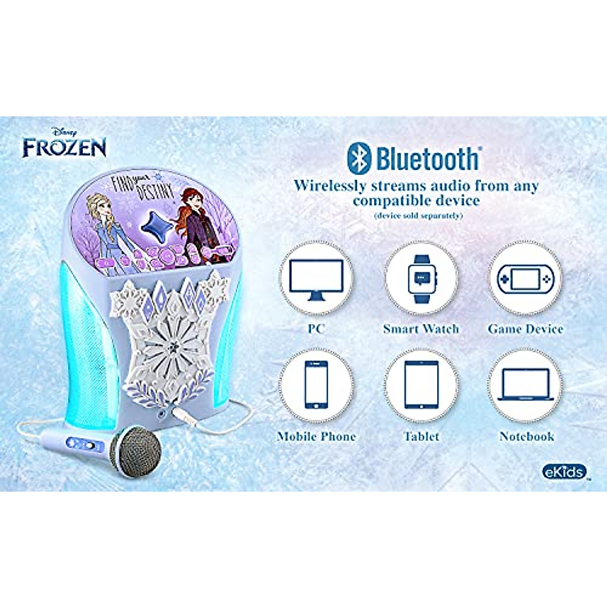 eKids Disney Frozen Karaoke Machine, Bluetooth Speaker with Microphone for Kids, Speaker with USB Port to Play Music, Easily Access Frozen Playlists with New EZ Link Feature