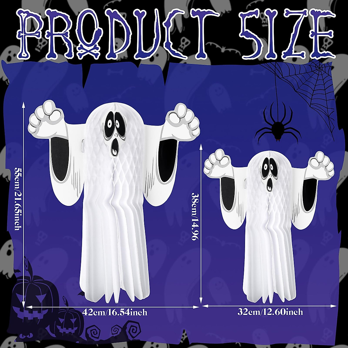 Fourluoo 4 Pcs Halloween Ghost Hanging Decorations Honeycomb Tissue Paper Ghost Shaped Party Decoration Ghost Paper Lanterns for Home Outdoor Decor(21.7" X 16.5", 15' X 12.6",Scary)