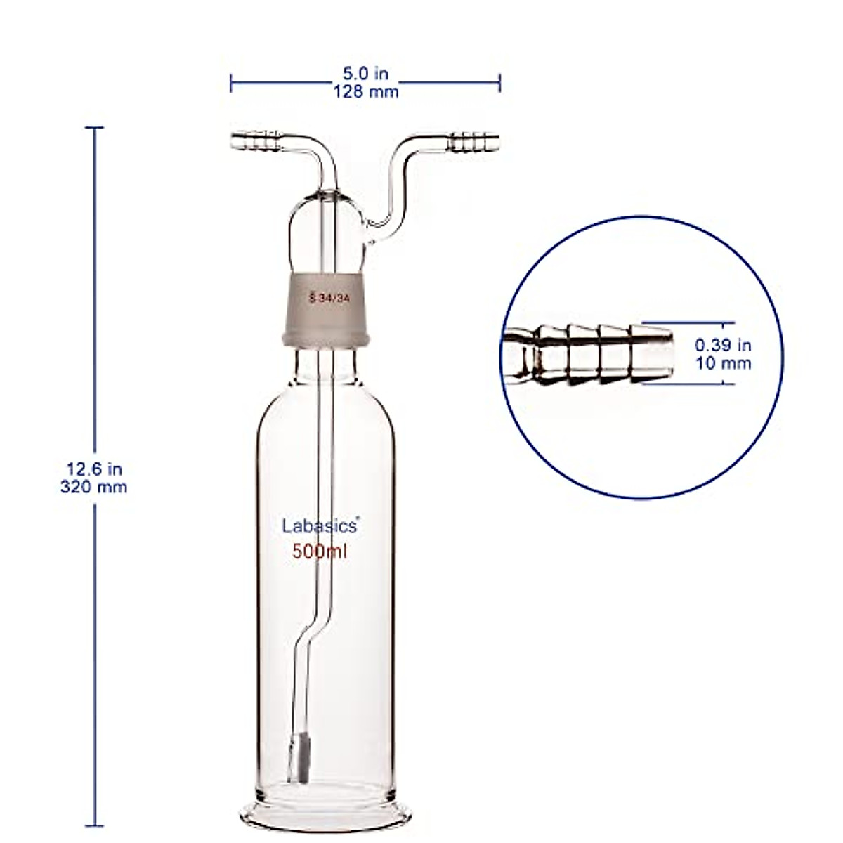 Labasics Gas Washing Bottle, Borosilicate Glass 34/34 Stopper Gas Bubbler Gas Washing Bottle with Fritted Disc and 8 mm OD Inlet/Outlet Hoses, 500 ml