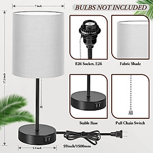 Table Lamps Set of 2 with USB Charging Ports, Grey Bedside Lamps with AC Outlet, Nightstand Lamps with Pull Chain Switch, Minimalist Modern Desk Lamps with Fabric Shade for Living Room Bedroom Office