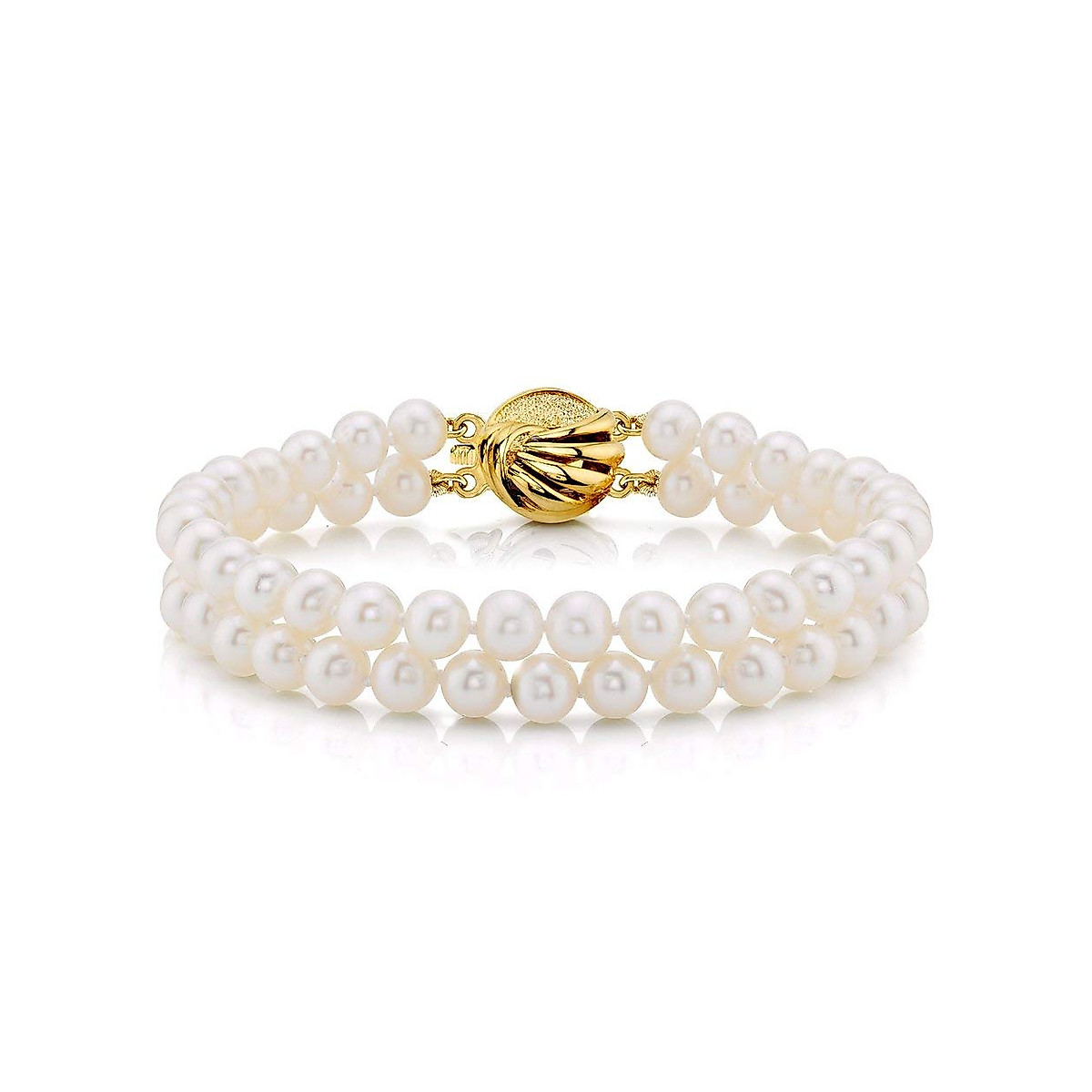The Pearl Source Yellow Gold Plated 6.0-6.5mm AAAA Quality Round White Freshwater Cultured Pearl Double Strand Bracelet for Women
