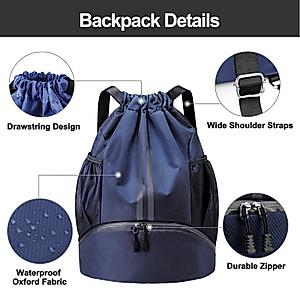 Hoedia Sports Drawstring Backpack - String Swim Gym Bag with Shoes Compartment and Wet Proof Pocket for Women/Men (Navy Blue)
