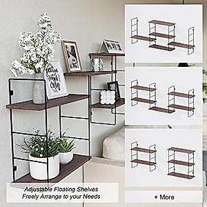 RICHER HOUSE 5-Tier Floating Shelves with Metal Frame, 5 Pcs Wall Mounted Shelf for Wall Decor, Rustic Wood Hanging Shelves with Metal Frame Storage for Living Room/Bathroom/Bedroom - Rustic Brown