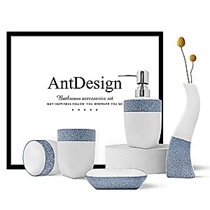 AntDesign Blue Bathroom Accessory Set 5 Pcs, Including Hand Pump Soap Dispenser, Soap Dish, Toothbrush Holder and Vase,for Modern Bathroom Décor