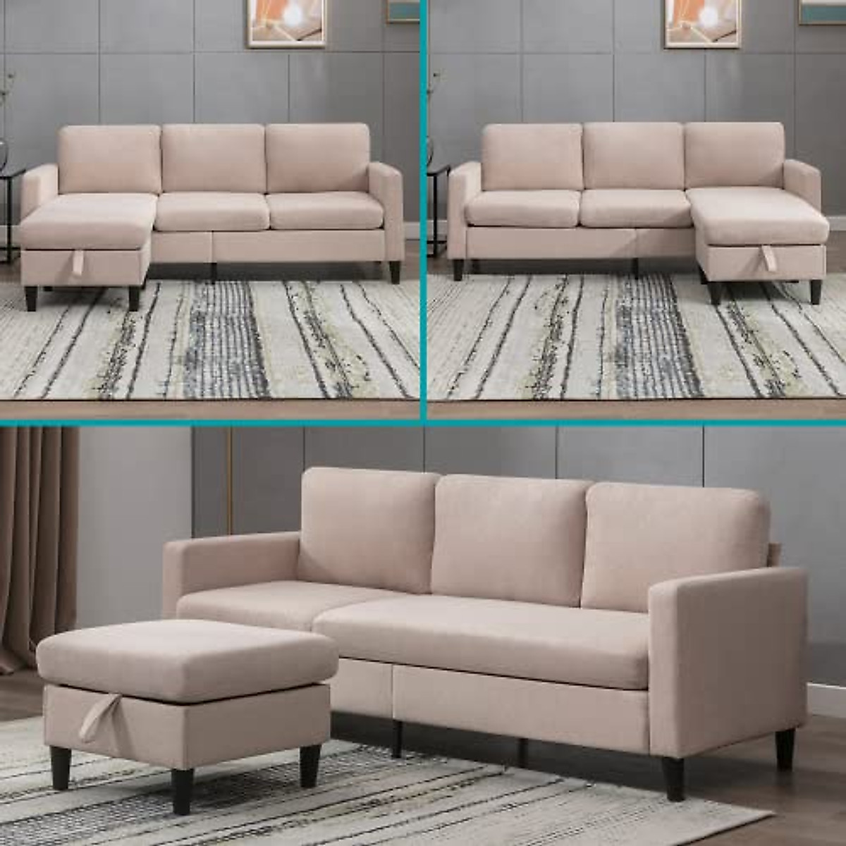 BALUS Sectional Sofa Bed, 85" W Linen Sleeper Couch with Storage Ottoman, Convertible Sleeper Sofa, Couches for Living Room, Chaise Lounge Indoor, Easy Assembly, Beige