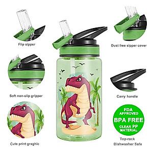 Home Tune Cute Water Bottle for Kids Girls Boys, BPA Free & Sturdy Print & Leak Proof Flip Straw & Carry Loop & Easy Clean, 15oz - Dinosaur