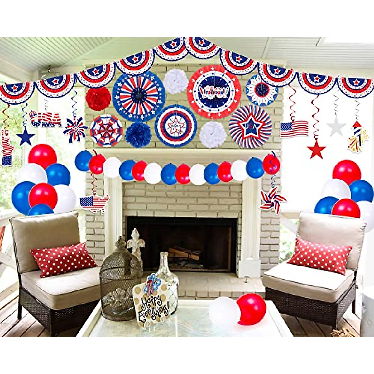 51PCS 4th/Fourth of July Decorations Set - Includes Patriotic Paper Fans,Pom Poms,Banner,Hang Swirls,Balloons - Red White Blue Memorial Day Party Decor Supplies