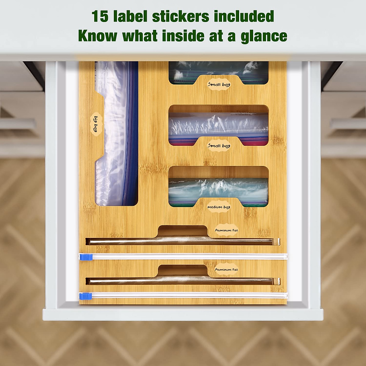 Wattne Bag Storage Organizer for Kitchen Drawer & Wrap Dispenser with Cutter, 6 in 1 Bamboo Organizer Compatible with 12" Aluminum Foil Roll, Suitable for Gallon, Quart, Sandwich Bags, Roll etc