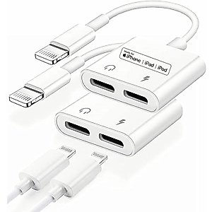 [Apple MFi Certified] 2 Pack Dual Lightning iPhone Splitter & iPhone Dongle Adapter for 4 in 1 Audio+Charge+Call+Volume Control Compatible with iPhone SE/6/7/8/X/XR/XS/11/12/13/iPad/iPod