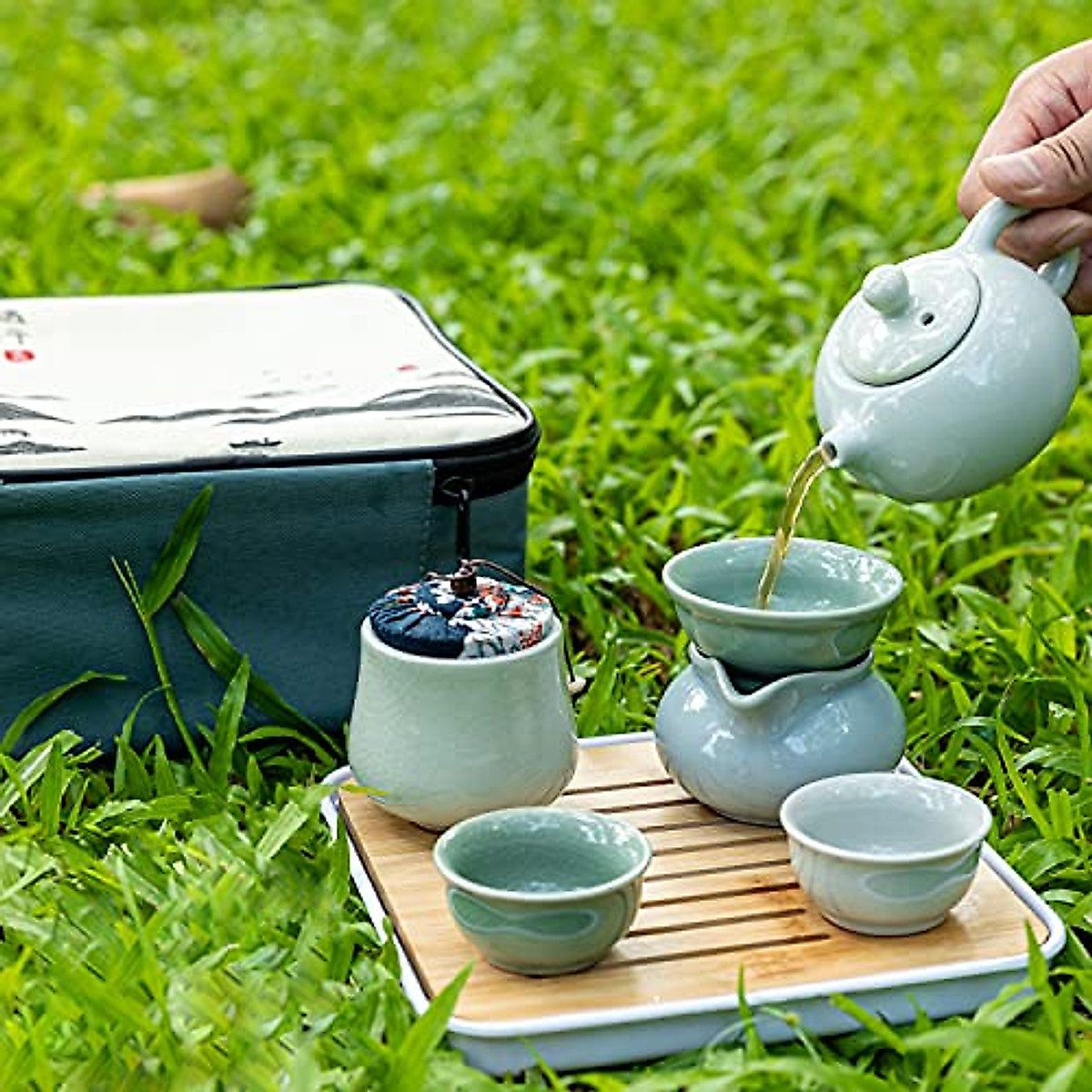 Ceramic Kungfu Tea Sets 12 Piece,Mini Protable Travel Tea Set With Tea Pot, 4x Tea Cups, Bamboo Tea Tray, Tea Canister, Travel Bag |Asian Tea Set Suitable for Office, Picnic, Home, BusinessTrip