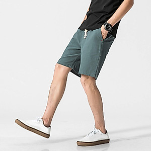 Male Summer Cotton Linen Shorts Drawstring Loose Breathable Track Trunks with Pockets Men's Classic Fit Beach Shorts Green