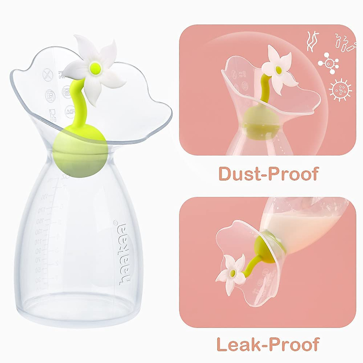 haakaa Manual Breast Pump Petal Silicone Breast Pump with Flower Stopper & Silicone Strap Breastfeeding Essentials Set (7oz/200ml, New Version)