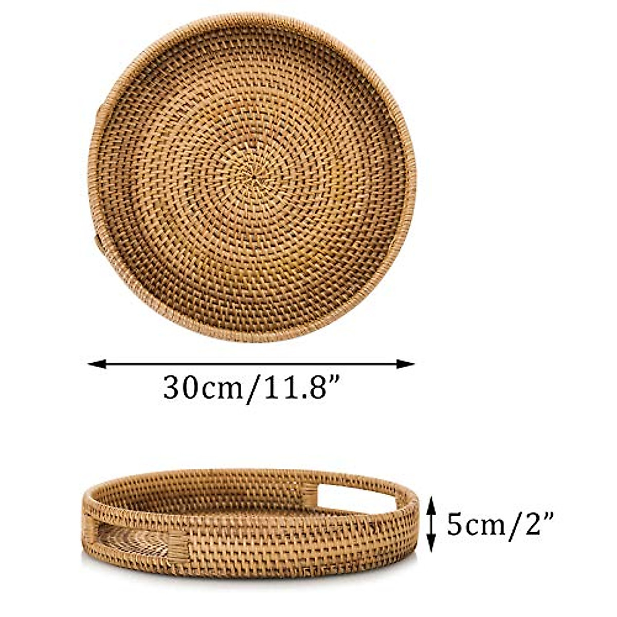 Sziqiqi Rattan Serving Tray Round Woven Decorative Tray for Coffee Table with Handles Display Storage Basket Trays for Fruit Food Drinks Snack Wicker Boho Ottoman Platter