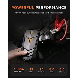 SUNPOW Jump Starter, 1500A Peak Car Jump Starter for Up to 8L Gas or 6.0L Diesel Engine, 12V Auto Lithium Battery Booster for Cars, Trucks, SUV, Portable Power Pack Jump Box with LED Light