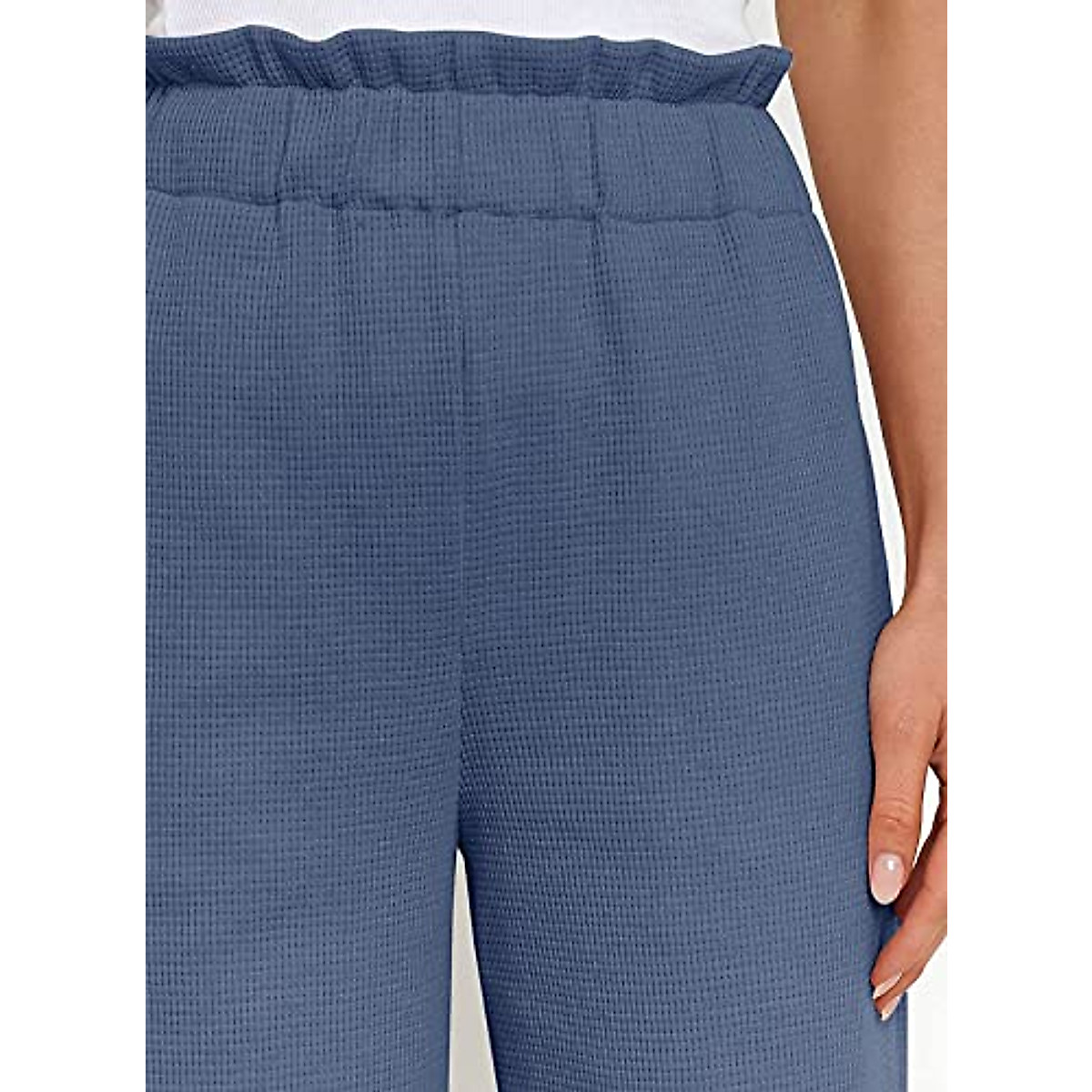 EVALESS Wide Leg Pants for Women Casual Loose Elastic High Waisted Waffle Knit Work Lounge Palazzo Dress Pants Trousers with Pockets Blue X-Large