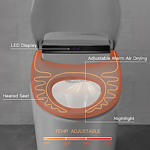 Smart Bidet Tankless Toilet, Heated Toilet Seat with Nightlight, Foot Sensor, LED Display, Warm Water and Dry, Remote Control, One Piece Toilet for Bathroom