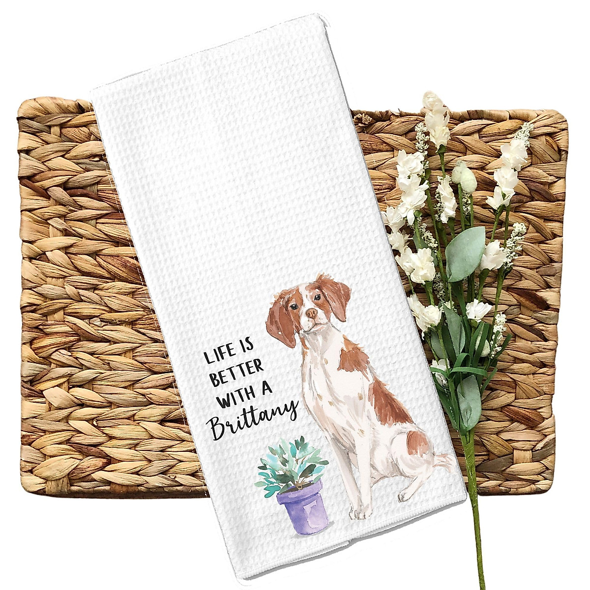 Watercolor Life is Better with a Brittany Microfiber Kitchen Tea Bar Towel Gift for Animal Dog Lover