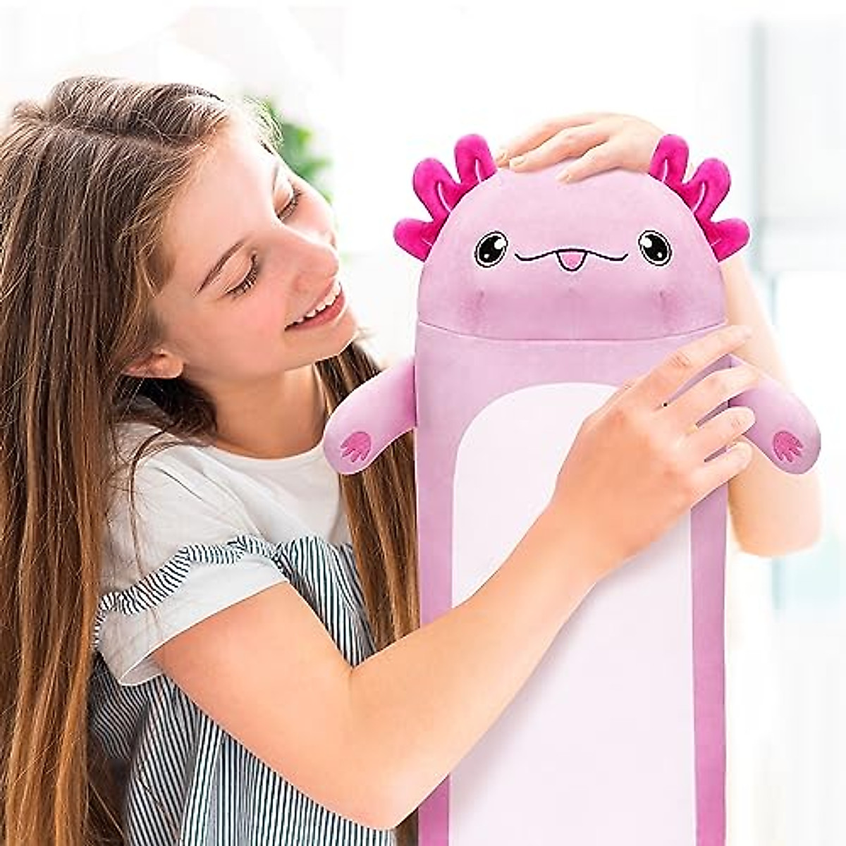 Axolotl Plush Pillow, Long Soft Stuffed Animal Body Plush, Cute Animal Plush Pillow, Kawaii Axolotl Toy Gift for Girls Boys (Pink)