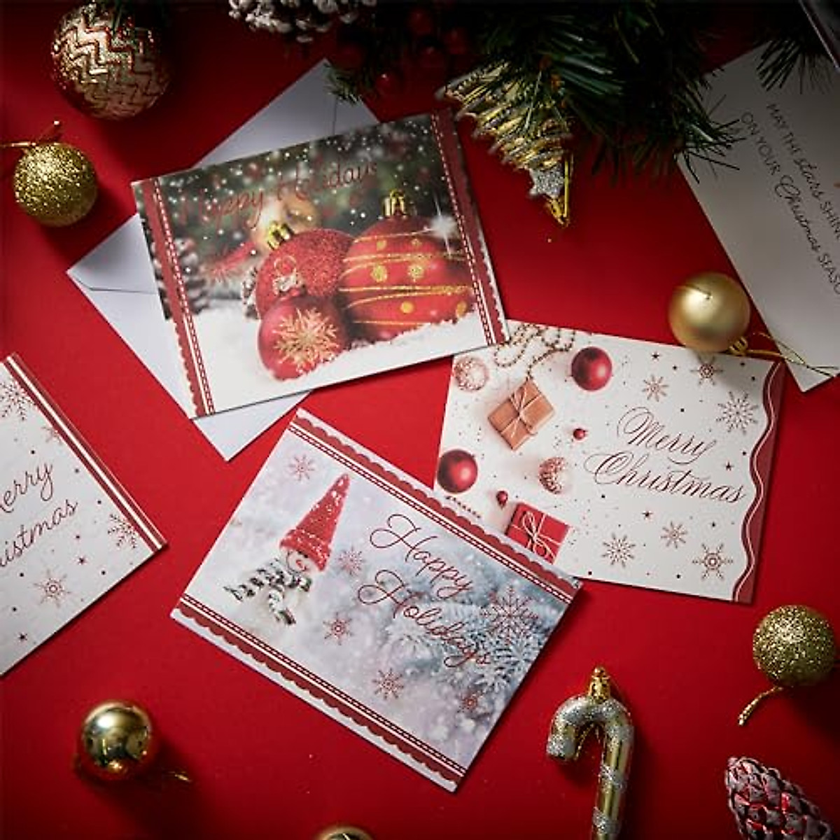 JOYIN 72 Piece Holiday Christmas Greeting Cards with 6 Artistic Greeting Designs & Envelopes 6.25” x 4.6" for Winter Christmas Season, present Giving, Xmas Gifts Cards. (Red Foil Collection)