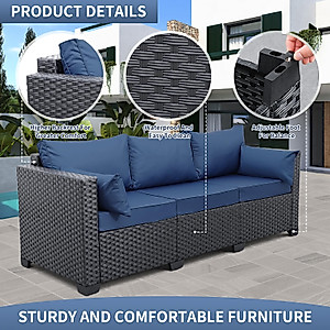 Valita 3-Seat Outdoor Rattan Sofa Patio Couch Black PE Wicker Loveseat Seating Furniture with Washable Navy Blue Cushions