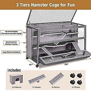 Guinea Pig Cage 3 Levels Ferret Cage, Small Animal Cage | Hamster Cage Rat House - Easy to Clean Leak Proof Tray (Grey, 3 Tiers)