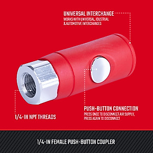 CRAFTSMAN Push Button Coupler, Female, 1/4-in NPT Industrial and Automotive Plug Compatibile, Quick-Disconnect