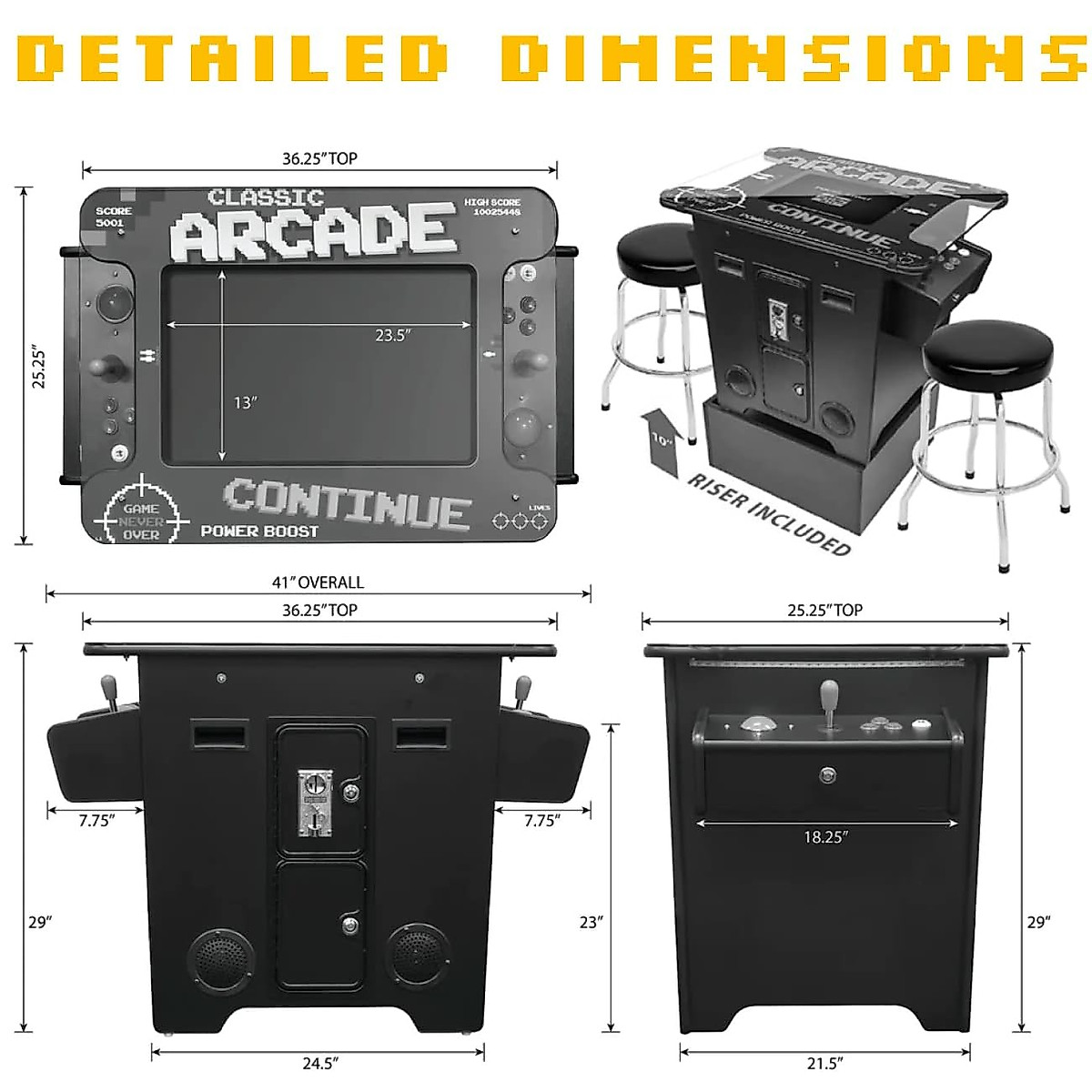 Creative Outdoor Distributor Full Size Commercial Grade Cocktail Arcade Machine w/Riser-2 Player, 412 Games, 22 LCD Screen, Square Glass Top, 2 Stools Included