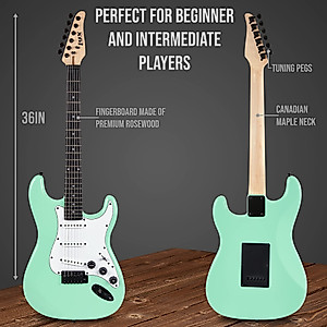 LyxPro 36 Inch Electric Guitar and Kit for Kids with 3/4 Size Beginner’s Guitar, Amp, Six Strings, Two Picks, Shoulder Strap, Digital Clip On Tuner, Guitar Cable and Soft Case Gig Bag -Green