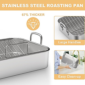 Roasting Pan, EWFEN 17*13 Inch Stainless Steel Turkey Roaster with Rack - Deep Broiling Pan & V-shaped Rack & Flat Rack, Non-toxic & Heavy Duty, Great for Thanksgiving Christmas Roast Chicken Lasagna