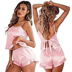Ekouaer Womens Pajamas Set 2 Piece Satin Sleepwear Lingerie Soft Silk Pjs Cami Top and Shorts Sleep Camisole Nightwear Pink