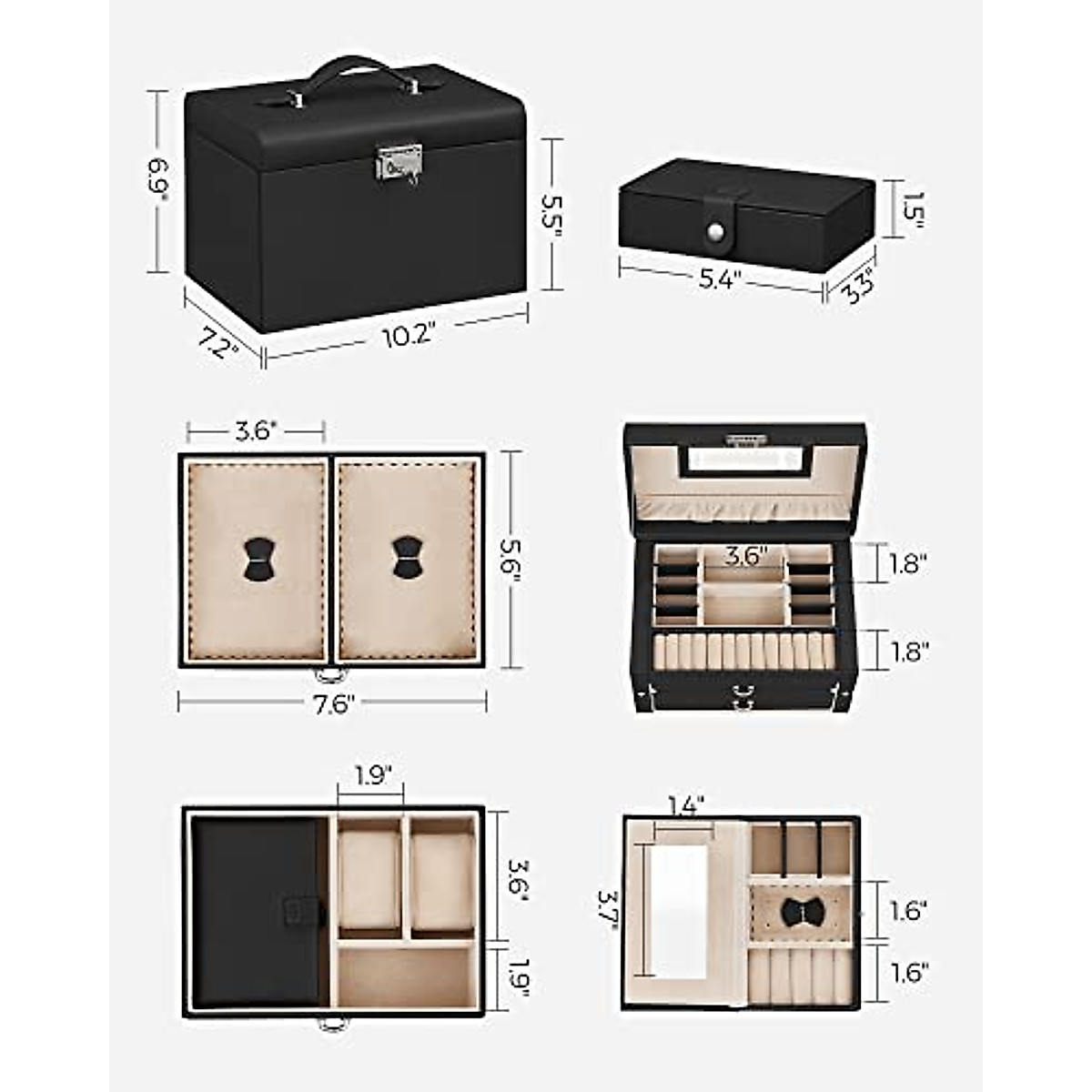 SONGMICS Jewelry Box 3 Layers, Jewelry Organizer with 2 Drawers, Jewelry Case with Portable Travel Case, with Handle, Lockable, Jewelry Storage, Gift for Loved ones, Black UJBC121B