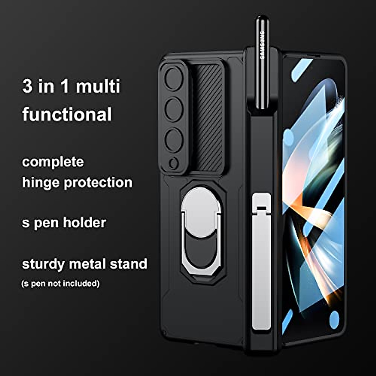 Libeagle Compatible with Samsung Galaxy Z Fold 4 Case [Heavy Duty Protective][Camera Lens Cover][S Pen Holder & Hinge Protection][Screen Protector][Safe to Hold with Ring] Rugged Stand 5G 2022-Black