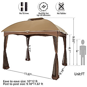 PHI VILLA 10x12 Gazebo Canopy for Patio, Double Vent Outdoor Canopy Gazebo with Netting, Screen Patio Gazebo Heavy Duty for Garden Deck Khaki